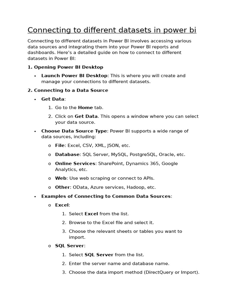 Connecting to different datasets in power bi | PDF | Databases | Microsoft Sql Server