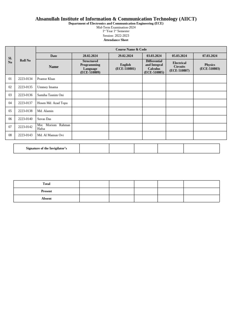 ECE 1st Semester Mid-Term Examination Attendance Sheet | PDF