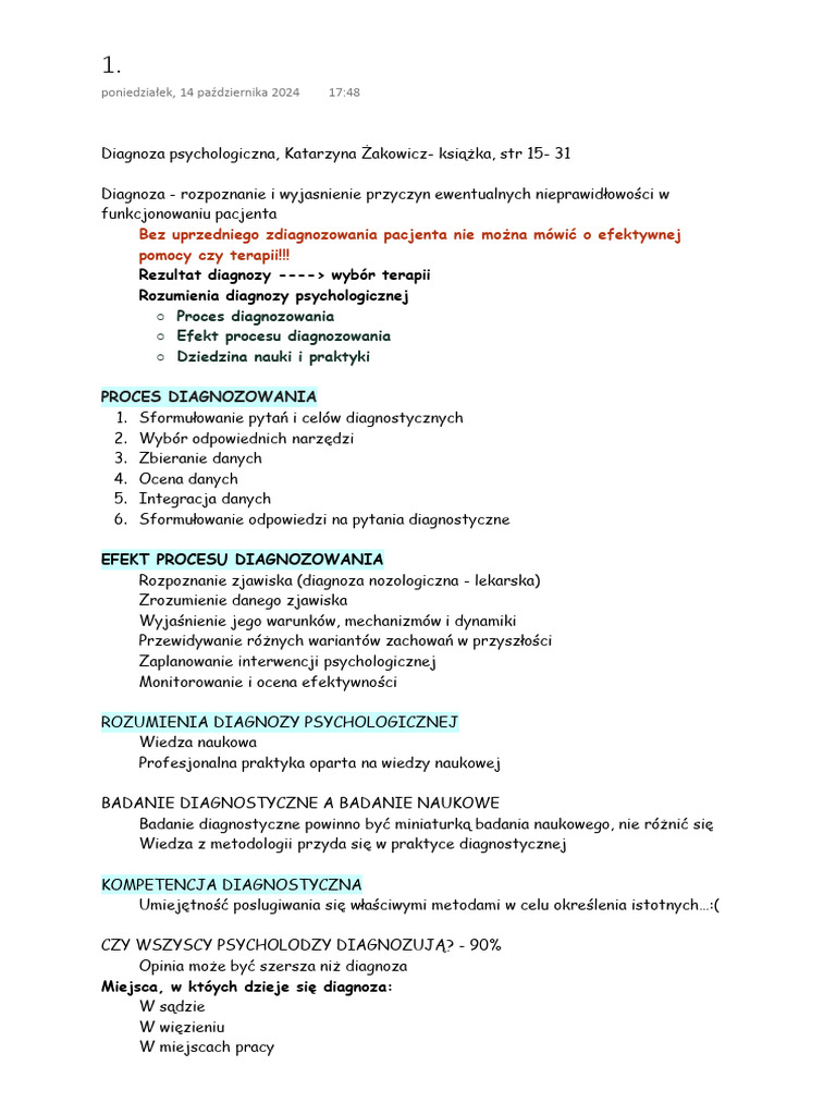 Diagnoza Psychologiczna Wykład 1 | PDF