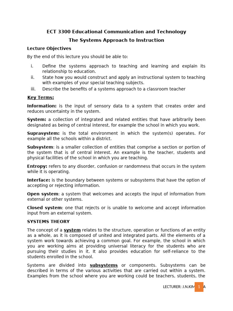 ECT 3300 The Systems Approach | PDF | System | Teachers