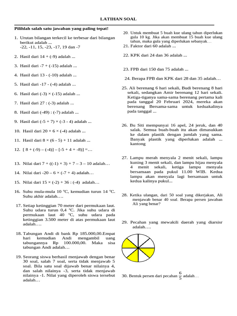 Latihan Soal PTS MTK Kelas 7 Sem 1 2024-2025 | PDF