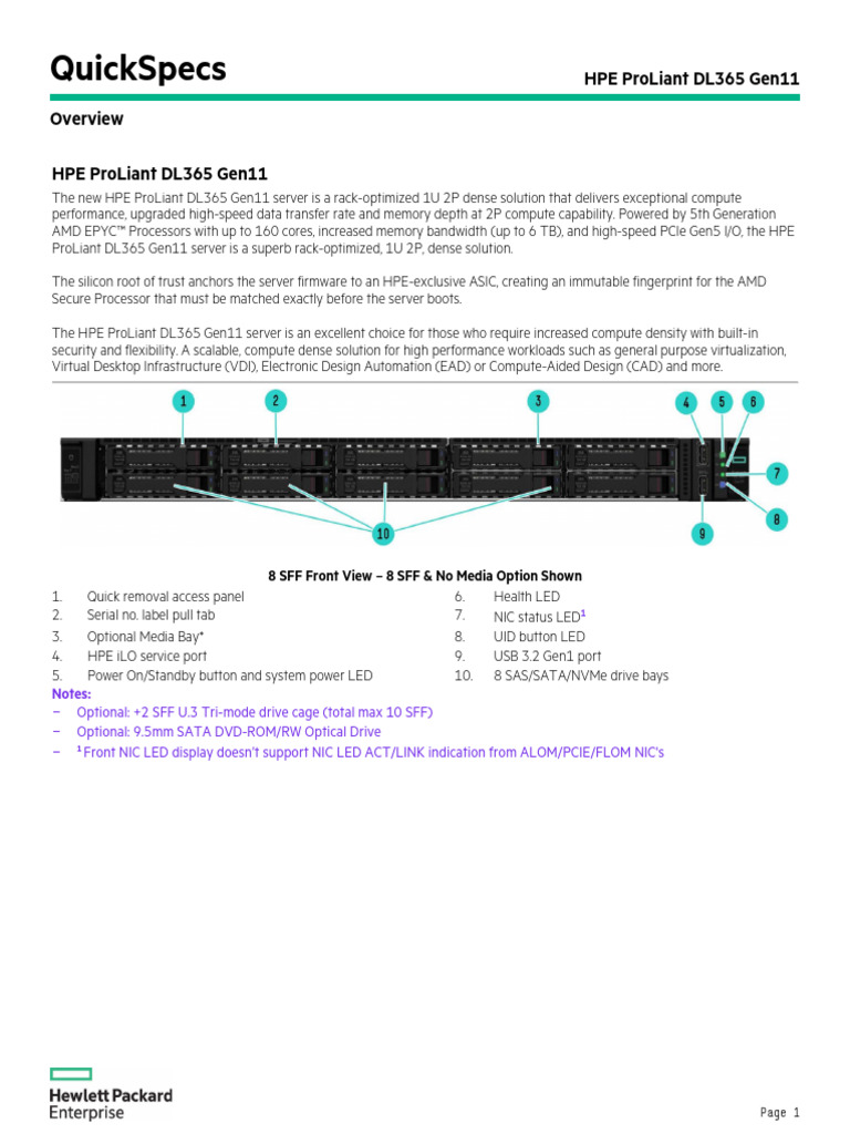 HPE ProLiant DL365 Gen11 Quickspecs | PDF | Solid State Drive | Graphics Processing Unit