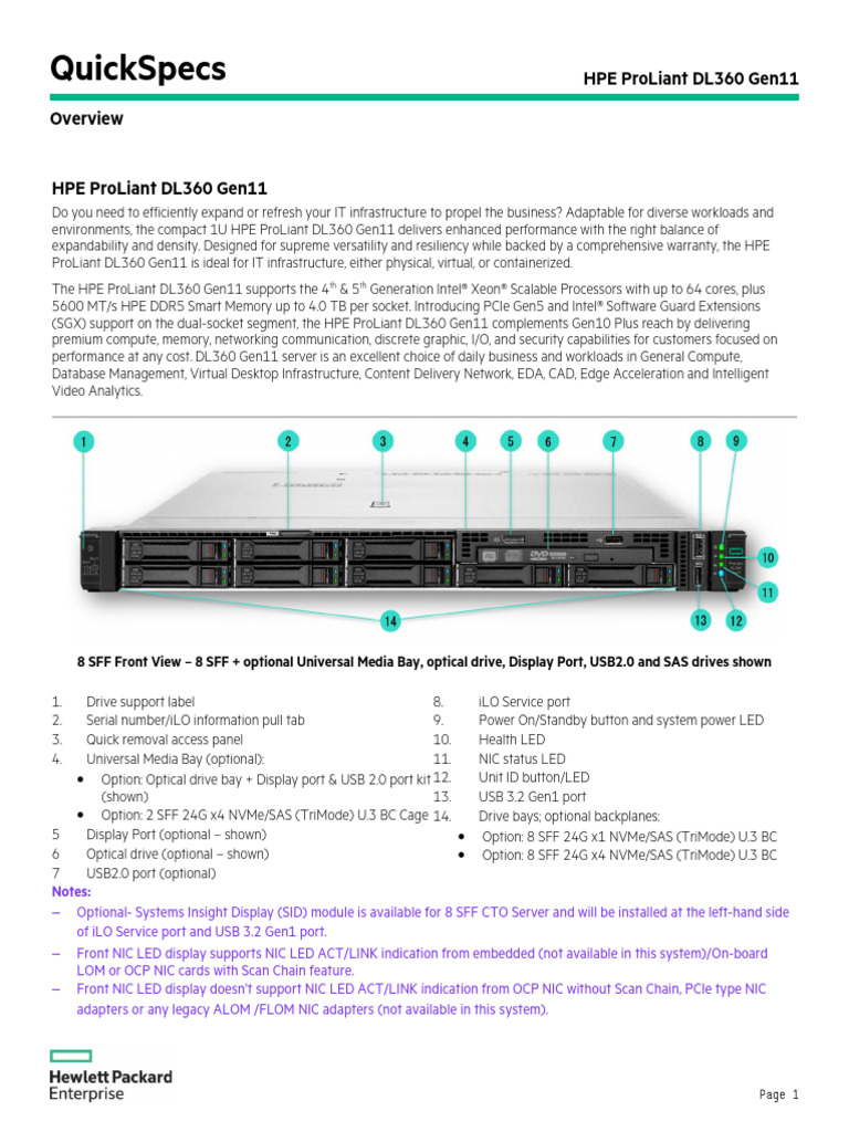 HPE ProLiant DL360 Gen11 Quickspecs | PDF | Computer Engineering | Computer Architecture