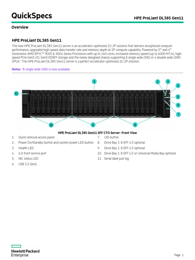HPE ProLiant DL385 Gen11 Quickspecs | PDF | Booting | Solid State Drive