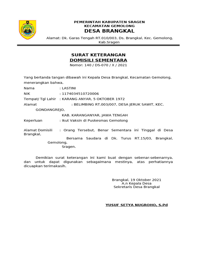 Surat Keterangan Domisili Sementara | PDF