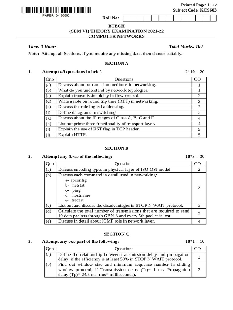 Btech Cs 6 Sem Computer Networks Kcs603 2022 Pdf Computer Network Internet Protocols