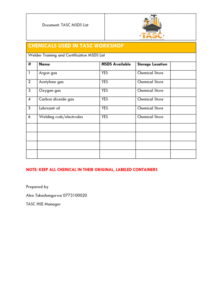 CHEMICAL LIST Welder Program | PDF | Cooking, Food & Wine