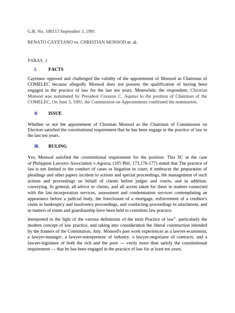 RENATO CAYETANO vs. CHRISTIAN MONSOD | PDF | Practice Of Law | Justice