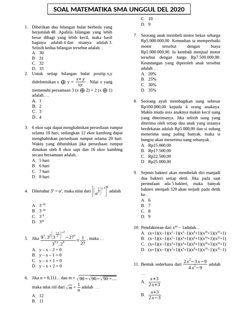 Soal Matematika Sma Unggul Del 2020 | PDF