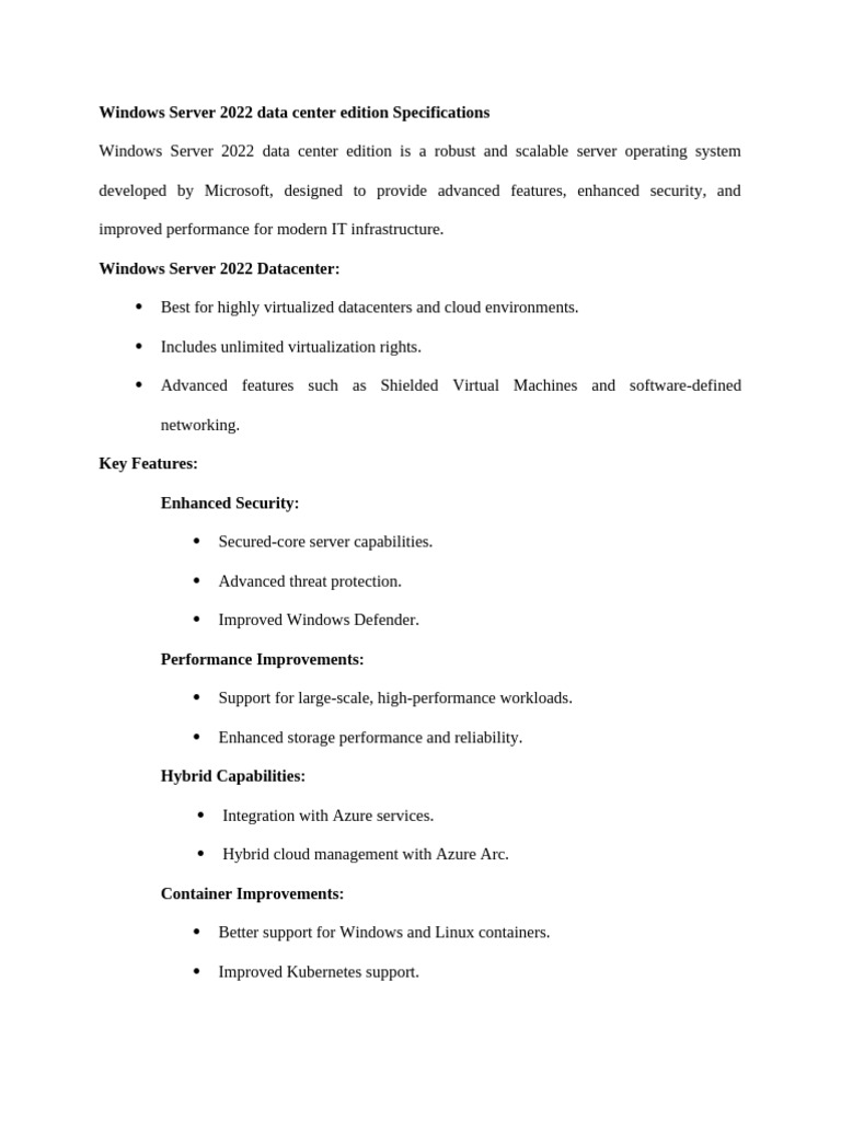 Windows Server 2022 Data Center Edition Specifications | PDF | Business