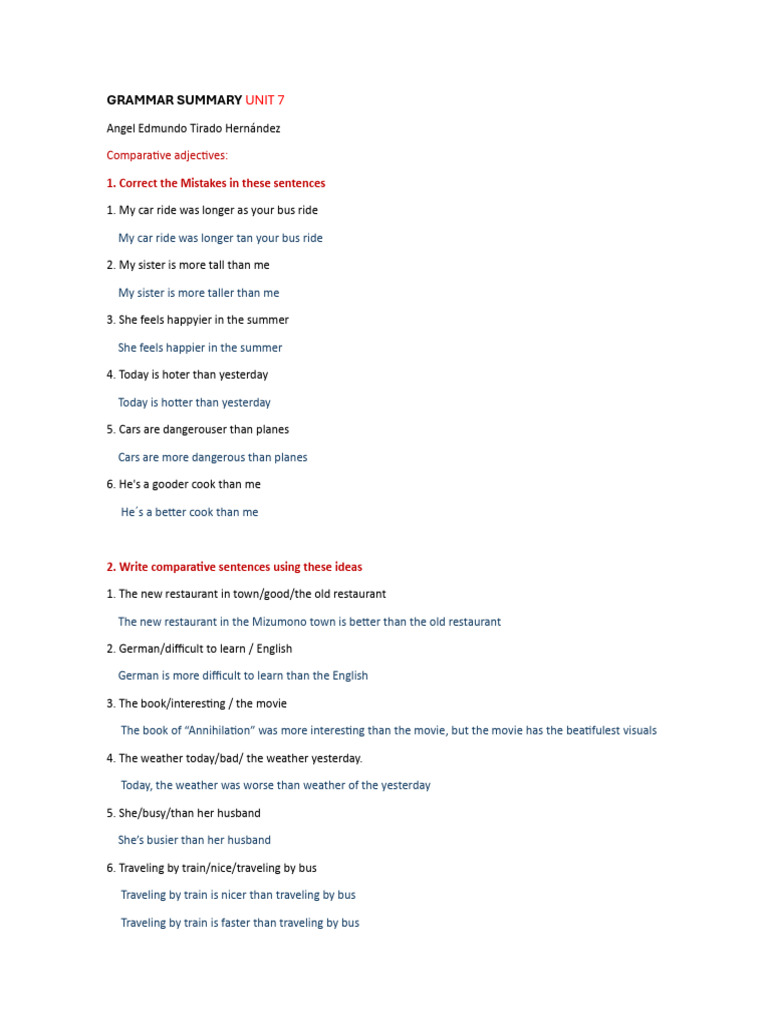 Grammar Summary Unit 7 Aeth | PDF