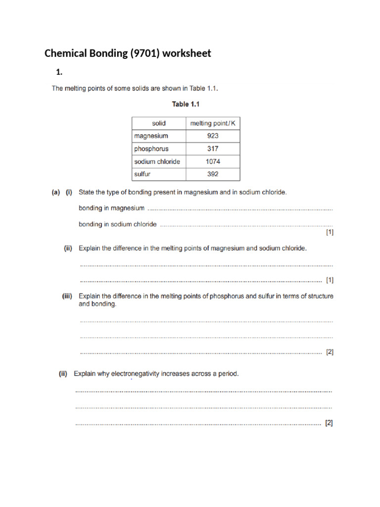 9701 Chemical Bonding WORKSHEET2 | PDF | Teaching Methods & Materials ...