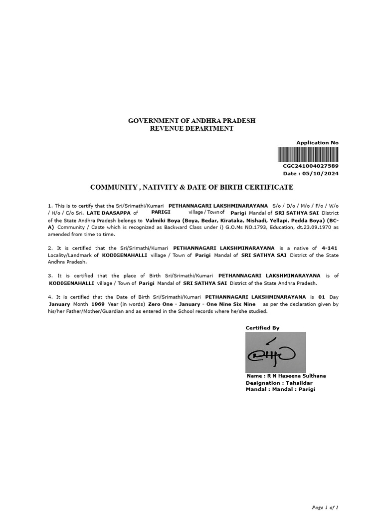 Caste Certificate - CGC241004027589 | PDF