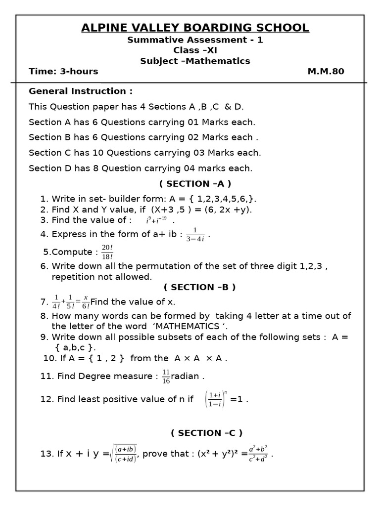 Class XI Math Exam Paper | PDF | Mathematics