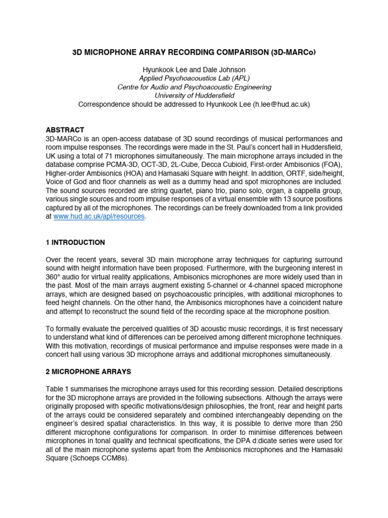 3D Microphone Array Recording Comparison | PDF | Microphone | Sound ...