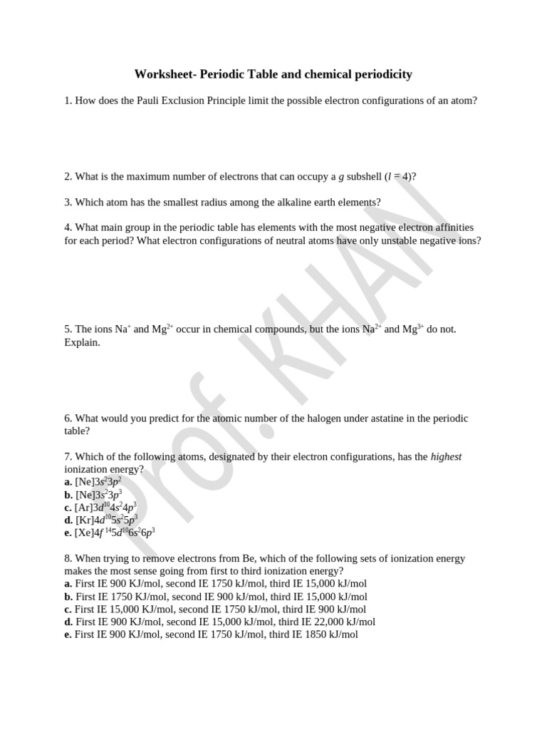 Worksheet - Periodic Table and Periodicity | PDF | Periodic Table ...