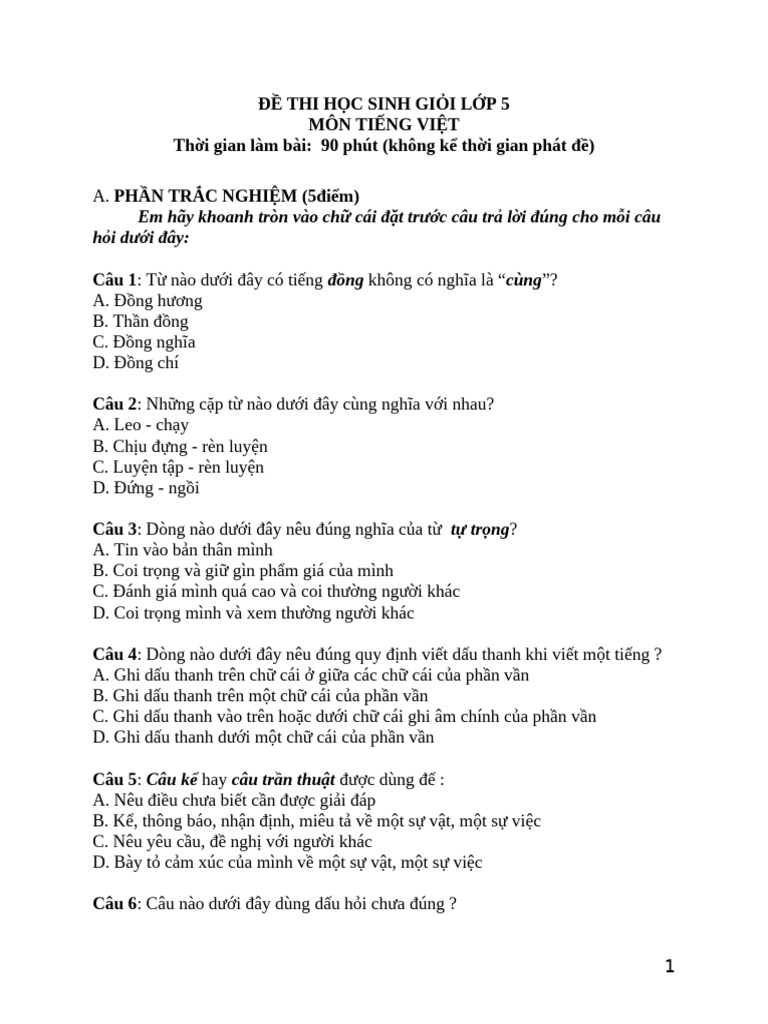 Bo de Thi HSG Dap An Tieng Viet 5 de Moi | PDF