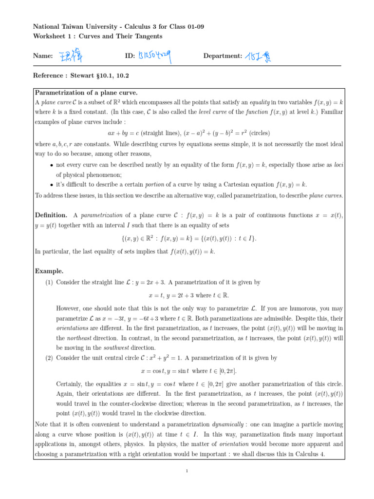 3 1 Space Curves And Their Tangents PDF Curve Function Mathematics 
