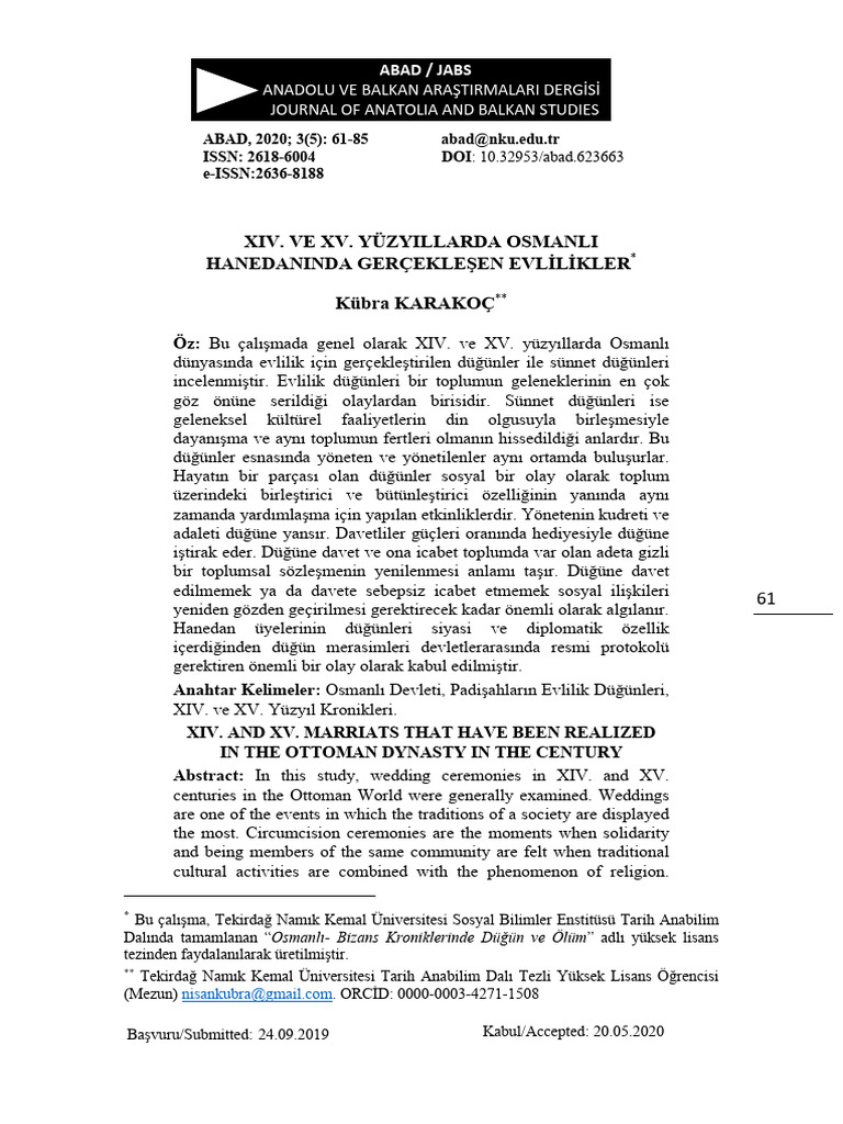 Xiv. Ve Xv. Yüzyillarda Osmanli Hanedaninda Gerçekleşen Evlilikler ...