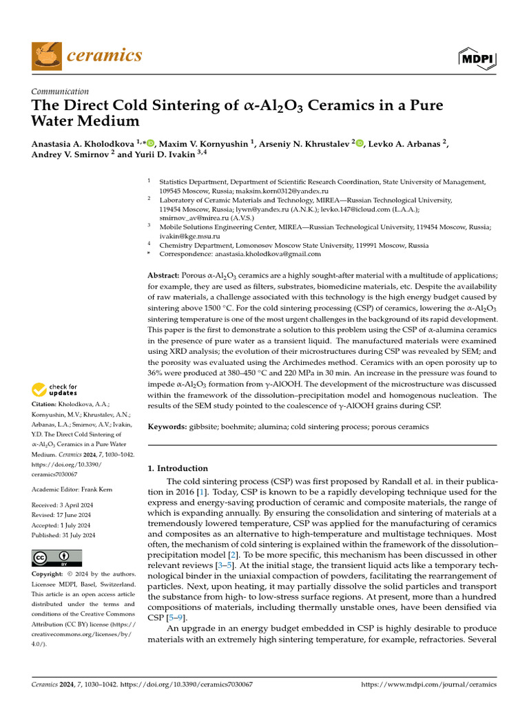 The Direct Cold Sintering of a-Al2O3 Ceramics in A | PDF | Sintering ... The Direct Cold Sintering of a-Al2O3 Ceramics in A | PDF | Sintering ...