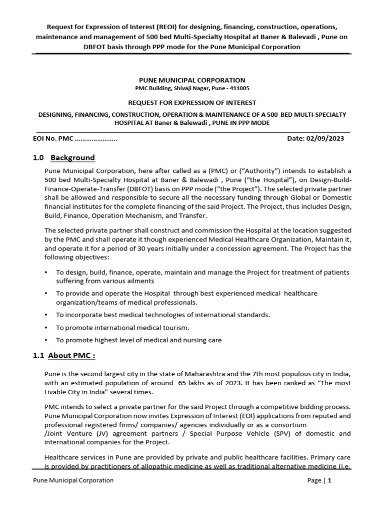 Eoi For Dbfot of Hospital at Baner | PDF | Revenue | Public–Private ...