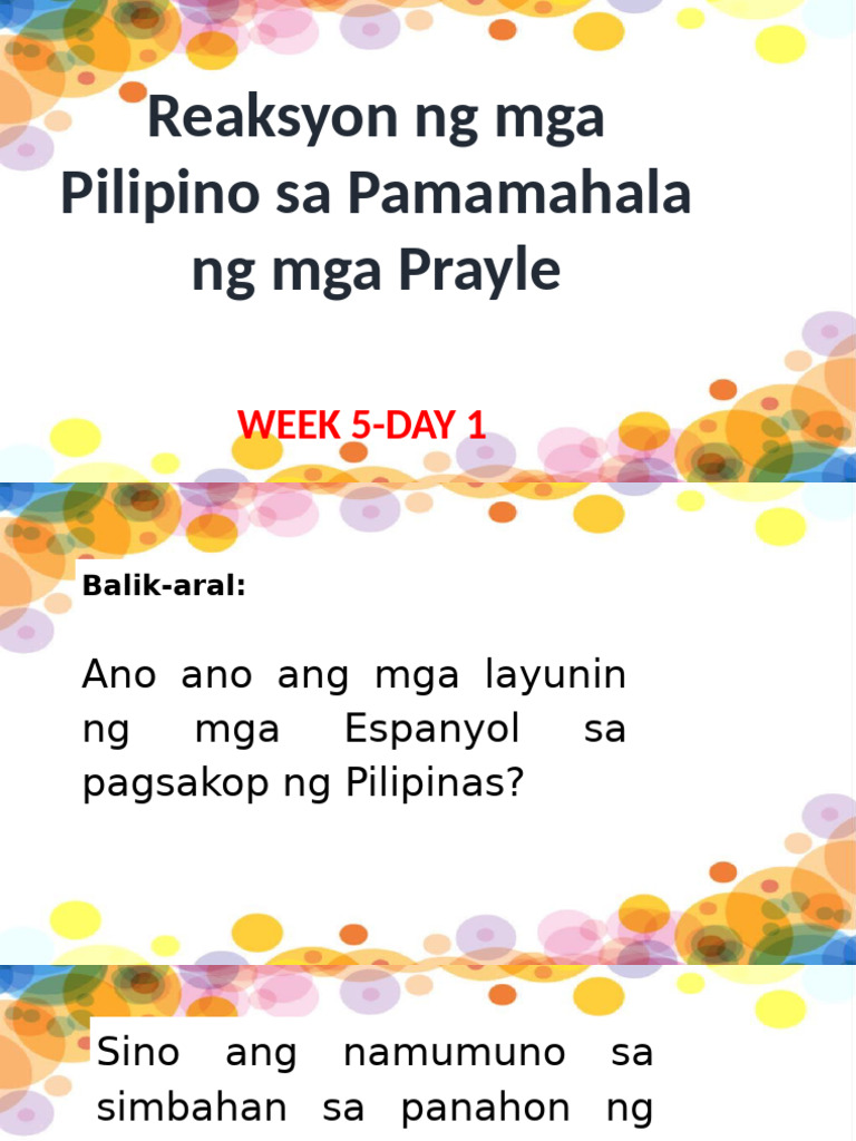 Reaksyon NG Mga Pilipino Sa Pamamahala NG Mga Prayle: Week 5-Day 1 | PDF