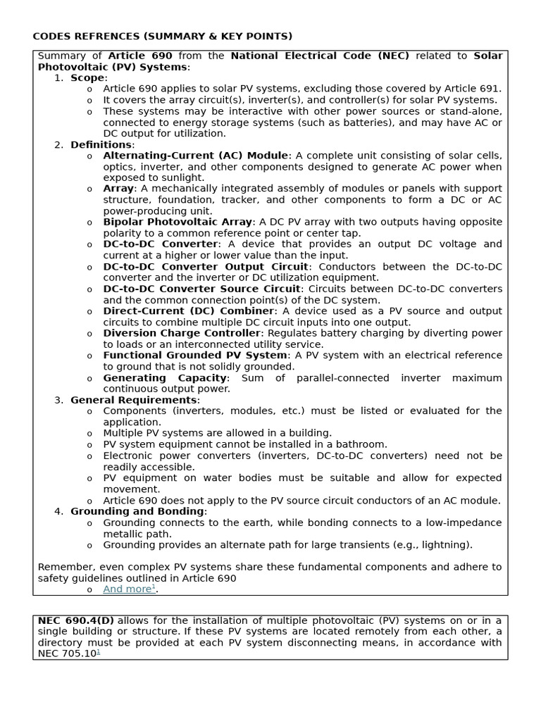 NEC Codes Reference Summary | PDF | Photovoltaic System | Electrical Wiring