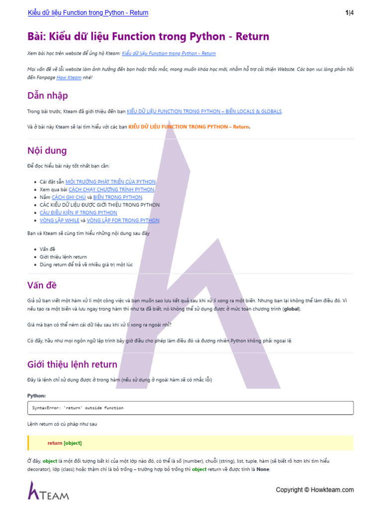 HOWKTEAM.VN - Kiểu dữ liệu Function trong Python - Return | PDF