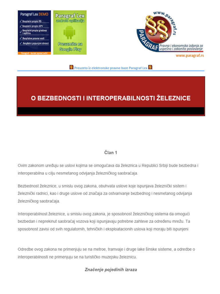 Zakon o Bezbednosti I Interoperabilnosti Zeleznice | PDF