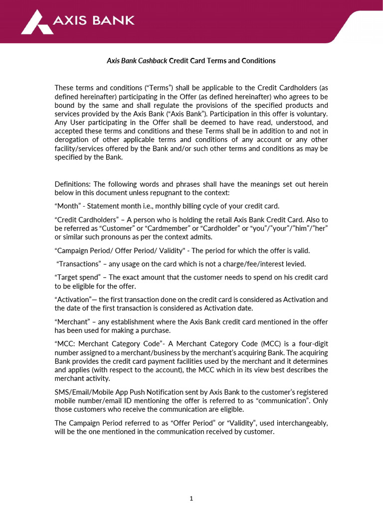Axis Bank Cashback Credit Card TNC | PDF | Credit Card | Debit Card