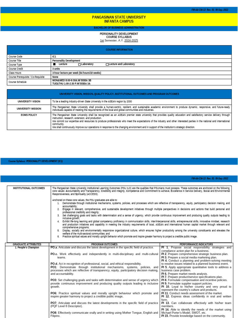 IC1-Syllabus - BSBA 3A&3B | PDF | Self Esteem | Occupational Safety And ...
