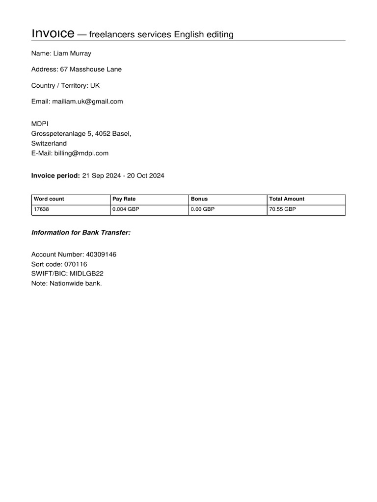 English Editor Invoice MDPI LiamMurray 70.55GBP | PDF