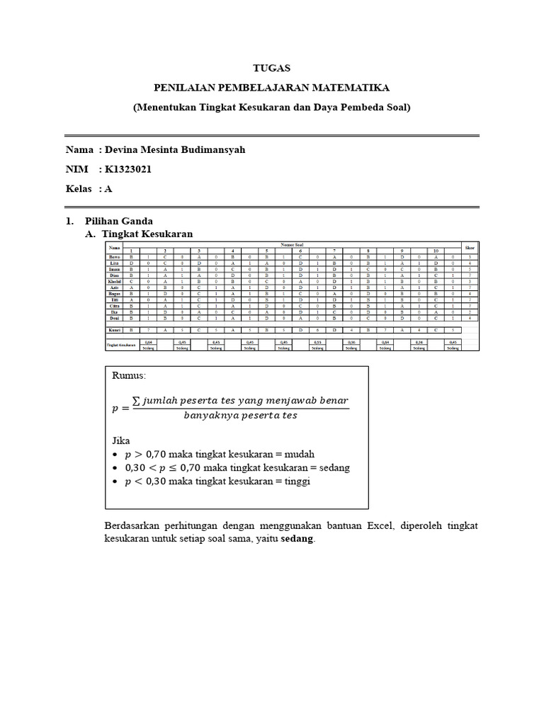 Devina Mesinta B. - K1323021 - A - Tugas PPM (Menentukan Tingkat Kesukaran Dan Daya Pembeda Soal ...