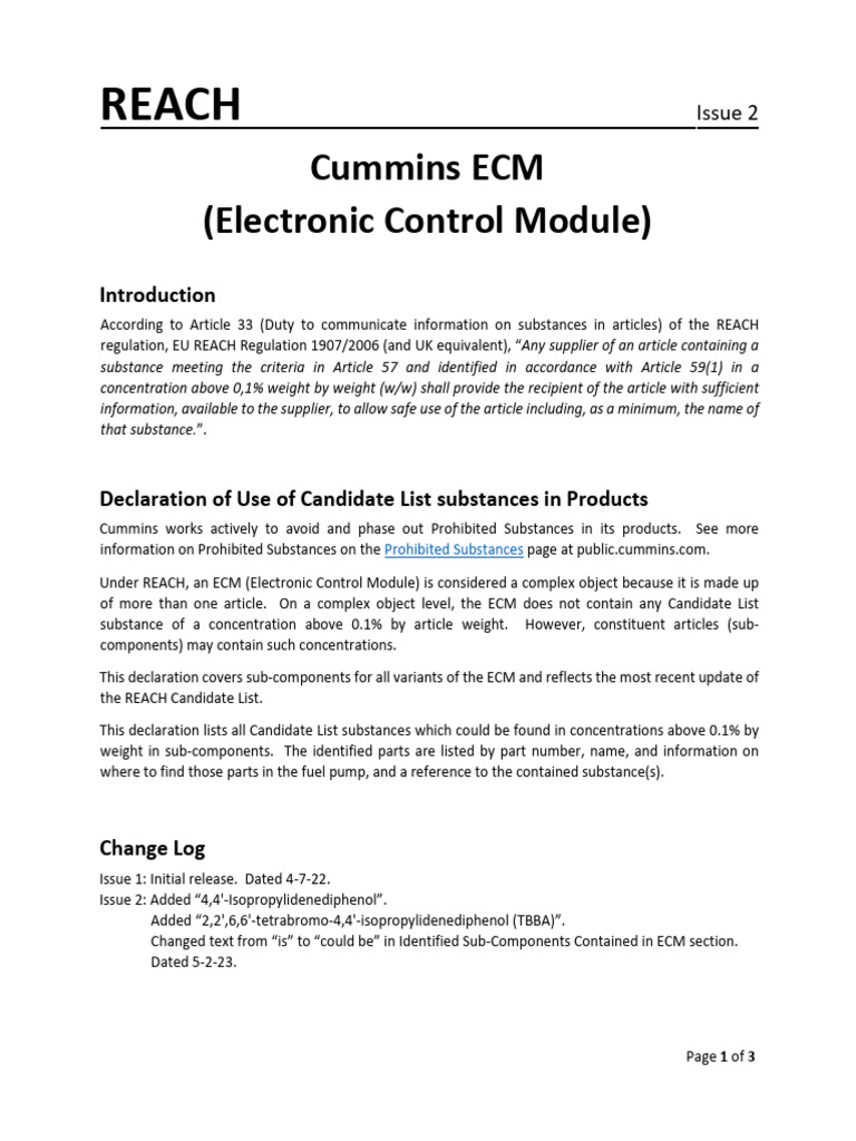 Cummins ECM REACH Declaration - V2 | PDF | Bracket