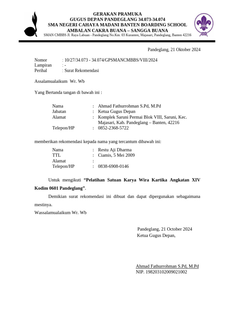 10.27 - Surat Rekomendasi SWK Restu Aji | PDF