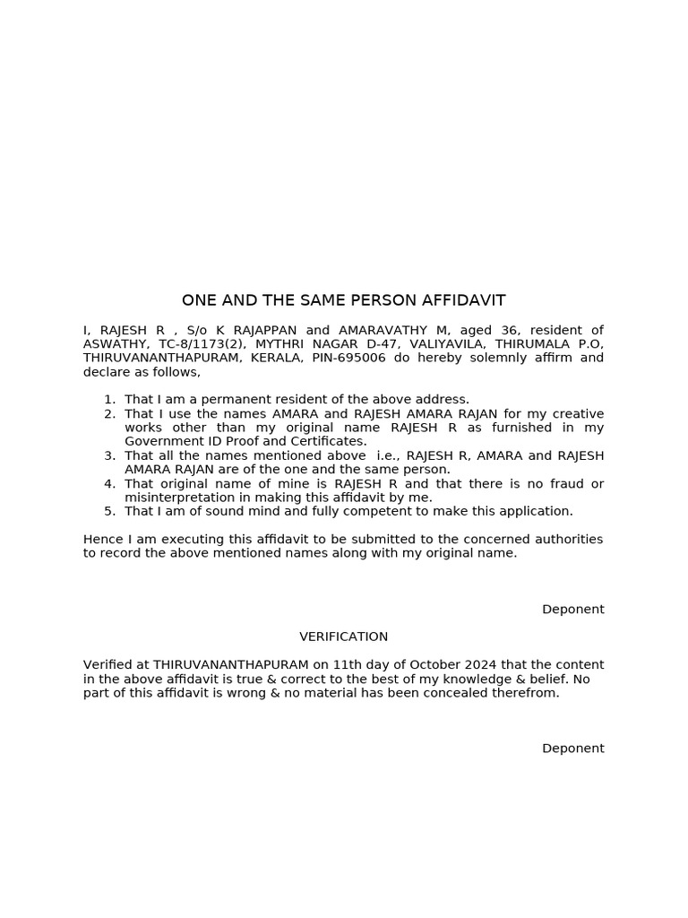 One and The Same Person Affidavit | PDF