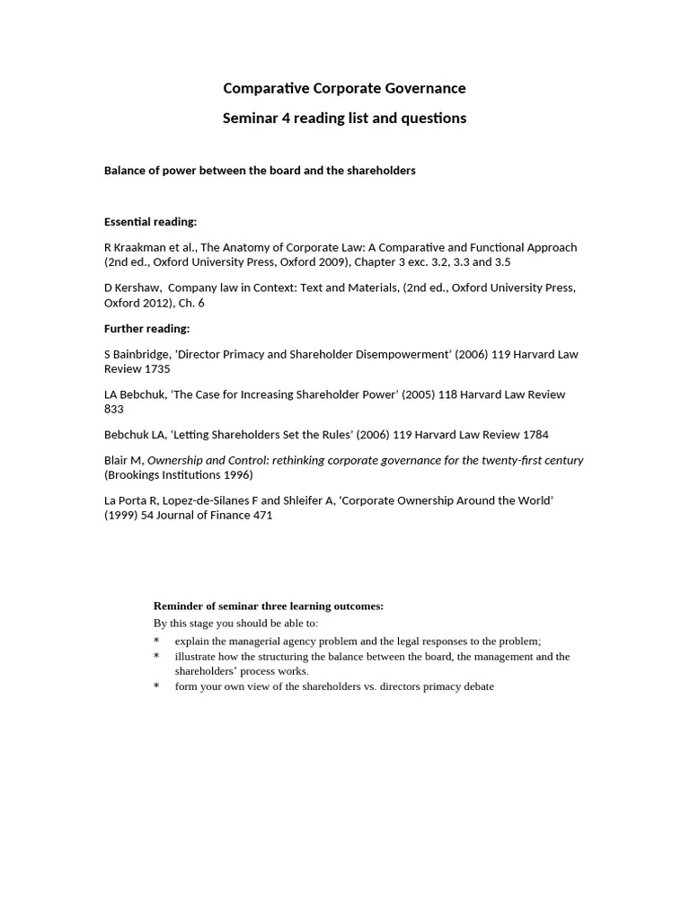 Comparative Corporate Governance Seminar 3 | PDF