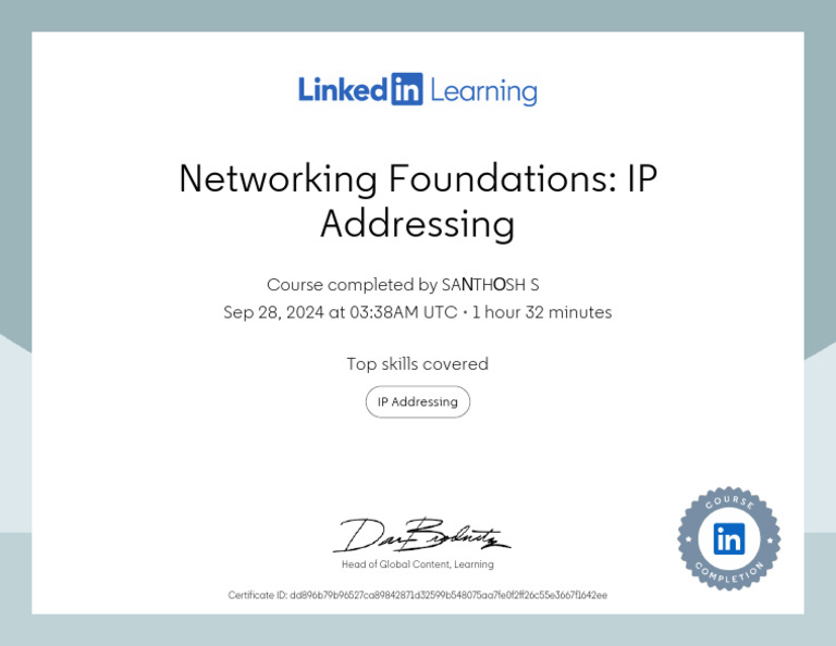 Certificateofcompletion Networking Foundations Ip Addressing 3 Pdf