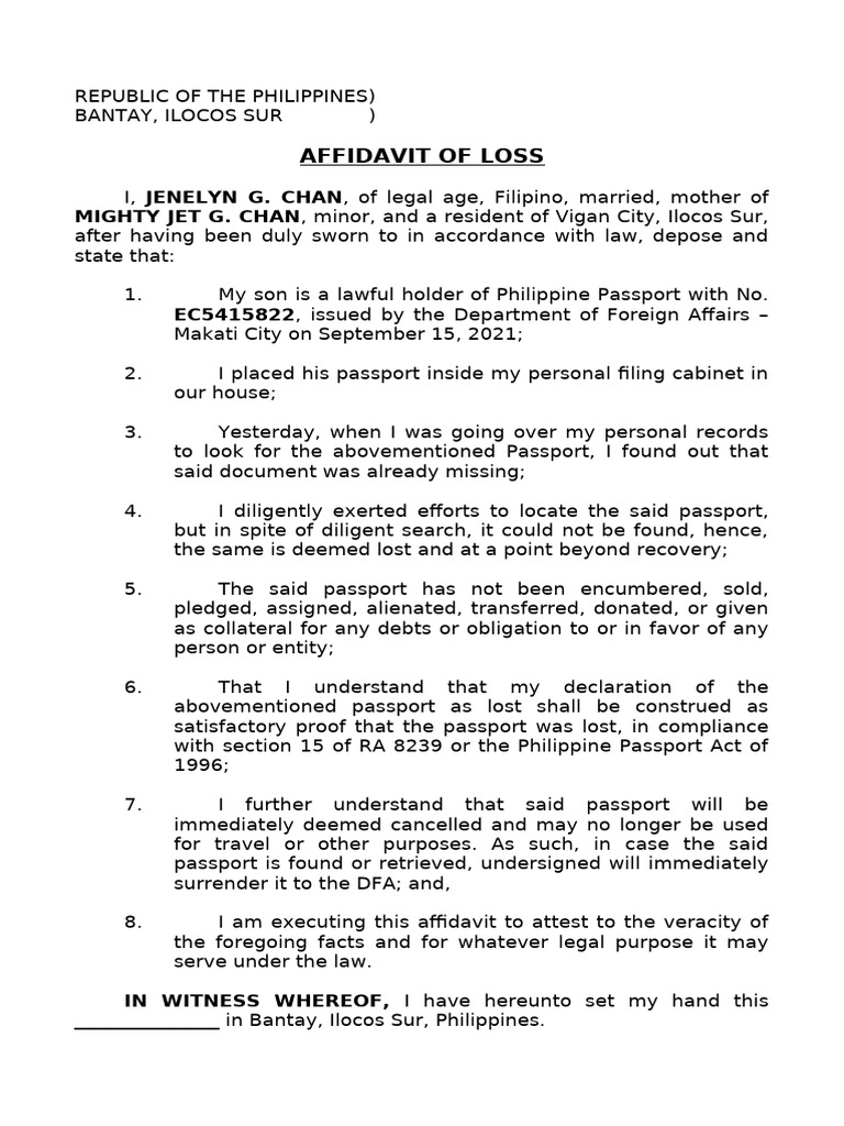 Affidavit of Loss (Minor-Passport) | PDF | Wellness