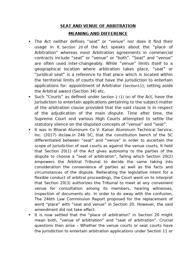 Venue and Seat of Arbitration | PDF | Arbitration | Jurisdiction
