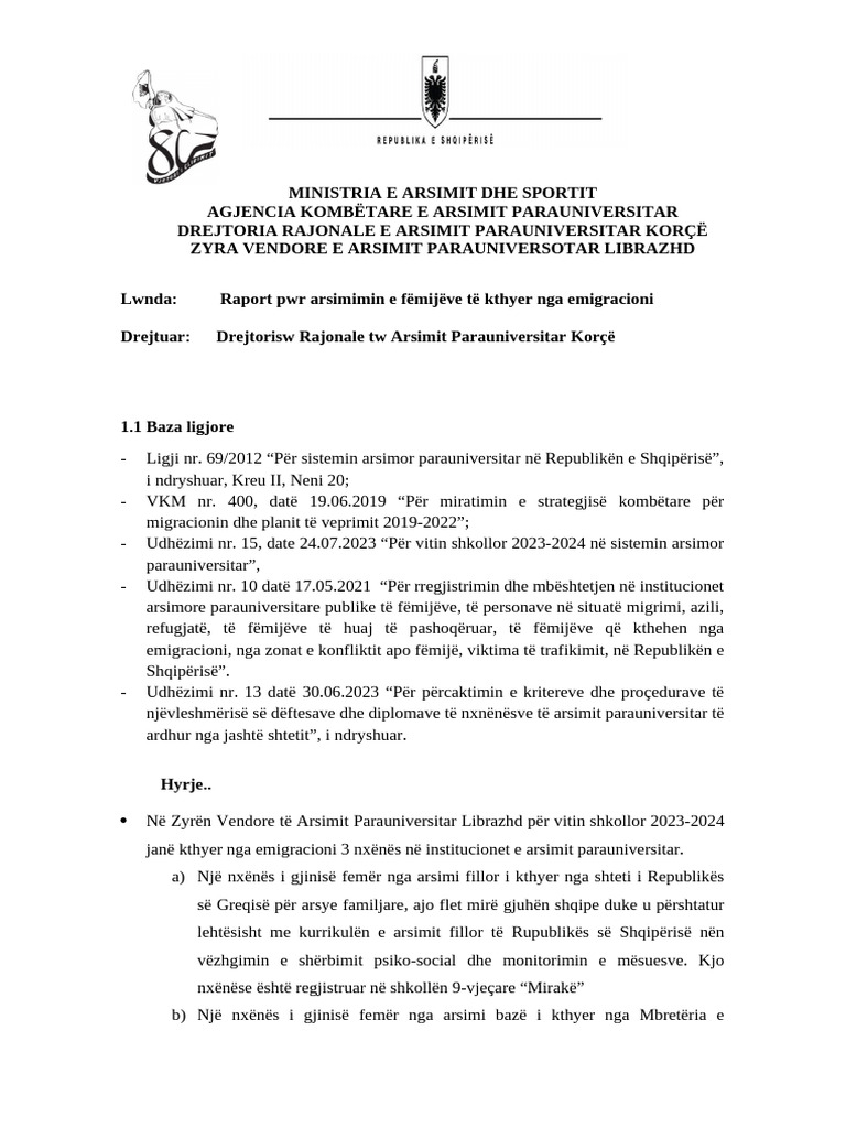 MODEL Raporti Mbi Numrin e Femijeve Te Kthyer Nga Emigracioni - DRAP - 2024 | PDF