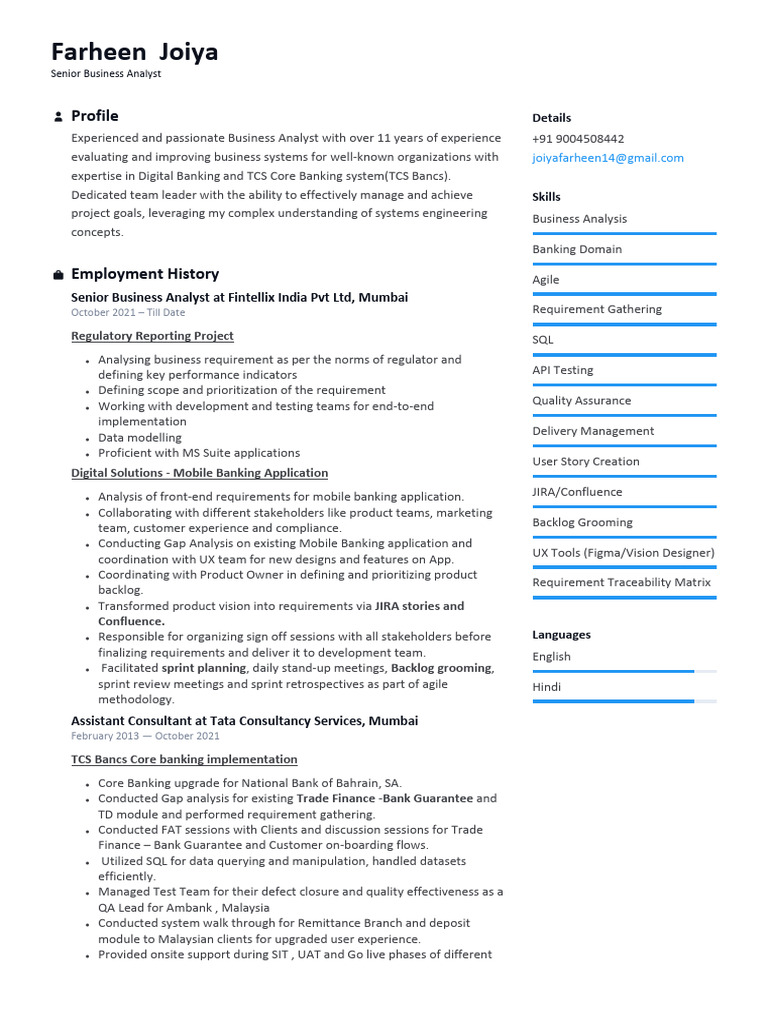 Farheen Joiya Senior Business Analyst 22032024 | PDF | Agile Software Development | Computing