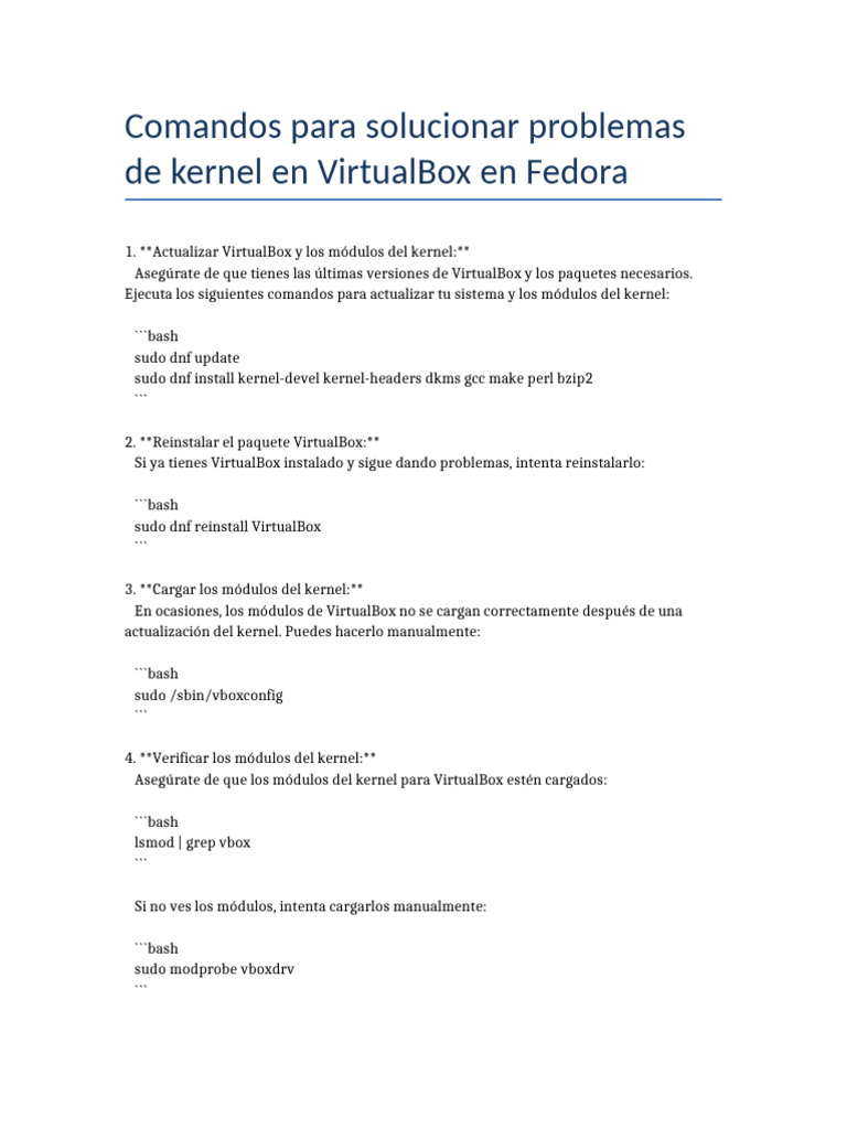 Comandos Kernel Virtualbox Fedora | PDF