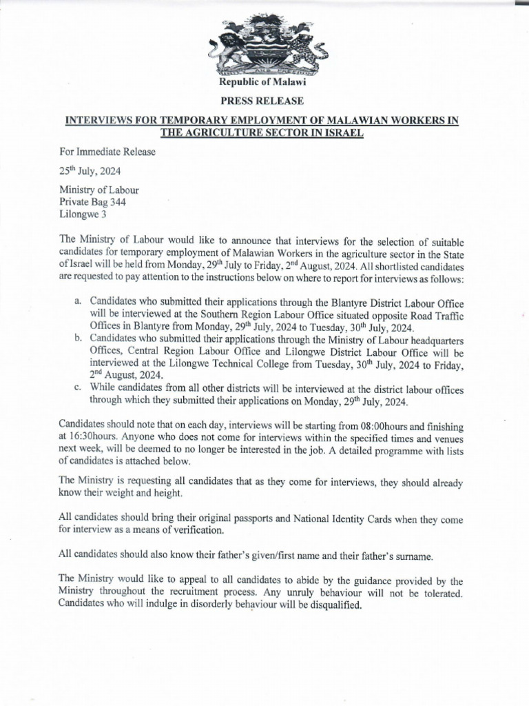Press Release - Interviews For Temporary Employment of Malawian Workers ...