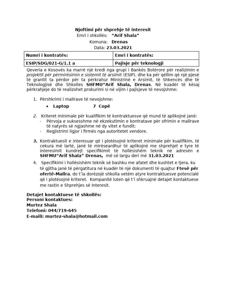 Njoftimi Per Shprehje Te Interesit Arif Shala | PDF