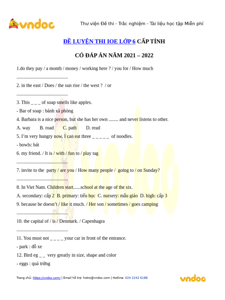 De Luyen Thi Ioe Lop 6 Cap Tinh | PDF