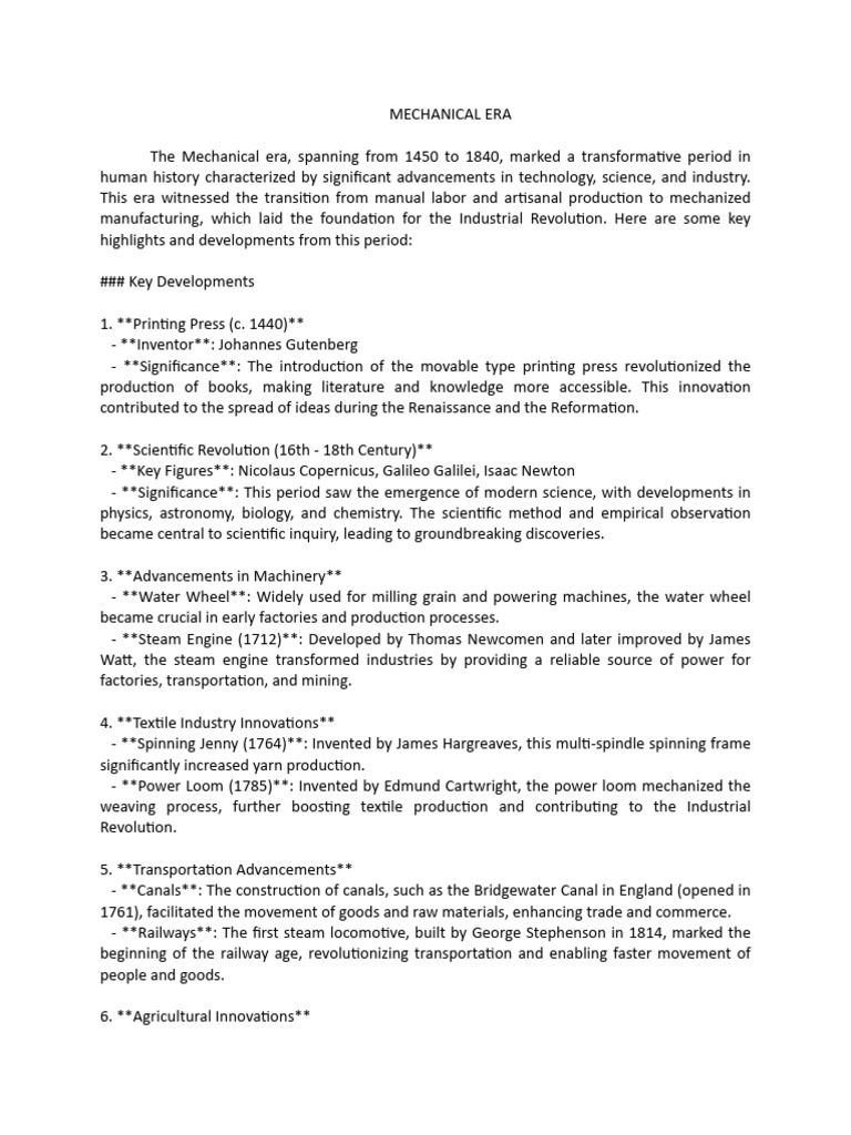 MECHANICAL ERA | PDF | Science | Machines