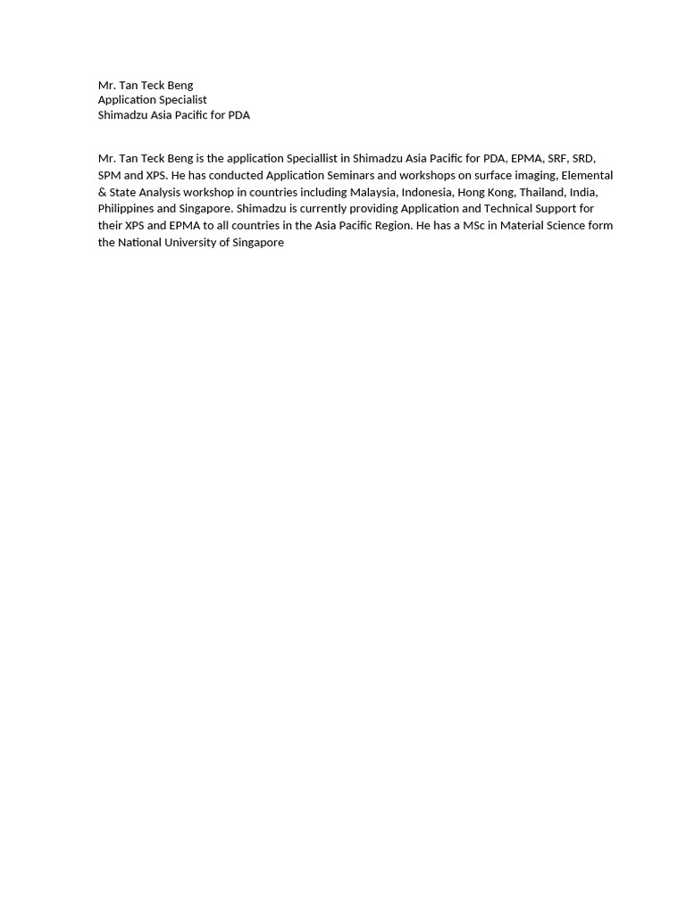 Tan Teck Beng: Application Specialist Profile | PDF