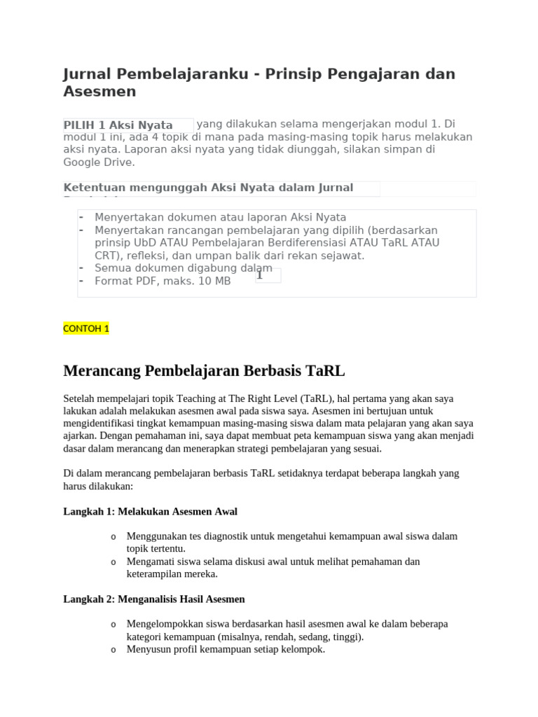 Contoh Jurnal Pembelajaran Modul (1) Prinsip Pengajaran Dan Asesmen Umum | PDF