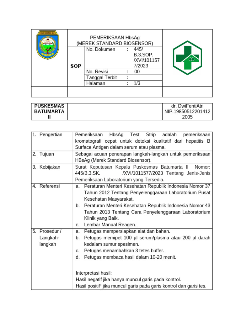 SOP Pemeriksaan HbsAg | PDF